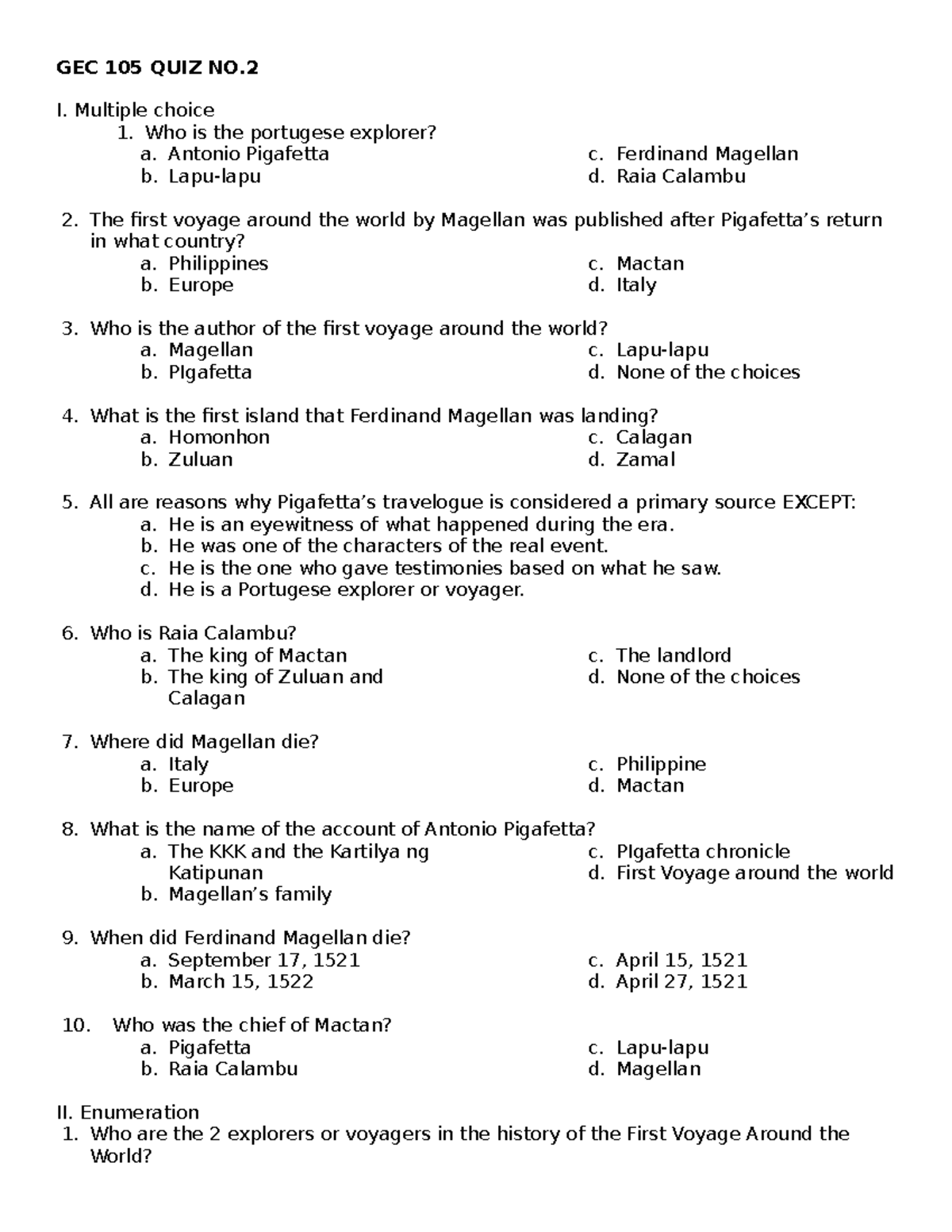 GEC 105 Quizzes - Quiz about the account of antonio pigafetta - GEC 105 ...