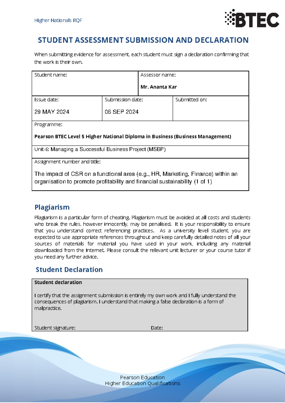 2. Assessment Submission Declaration U6 QT23 MSBP 2024 - Higher Nationals RQF Pearson Education ...