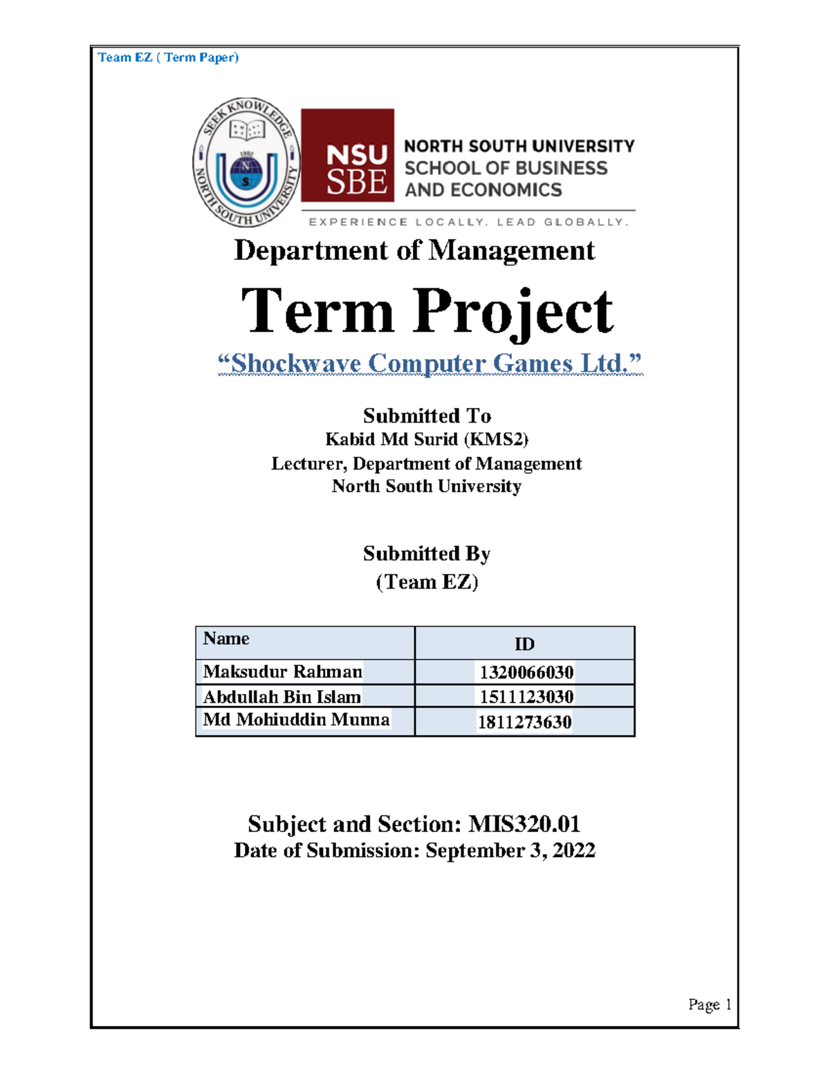 Term Project-MIS320-Team EZ - Department of Management Term Project