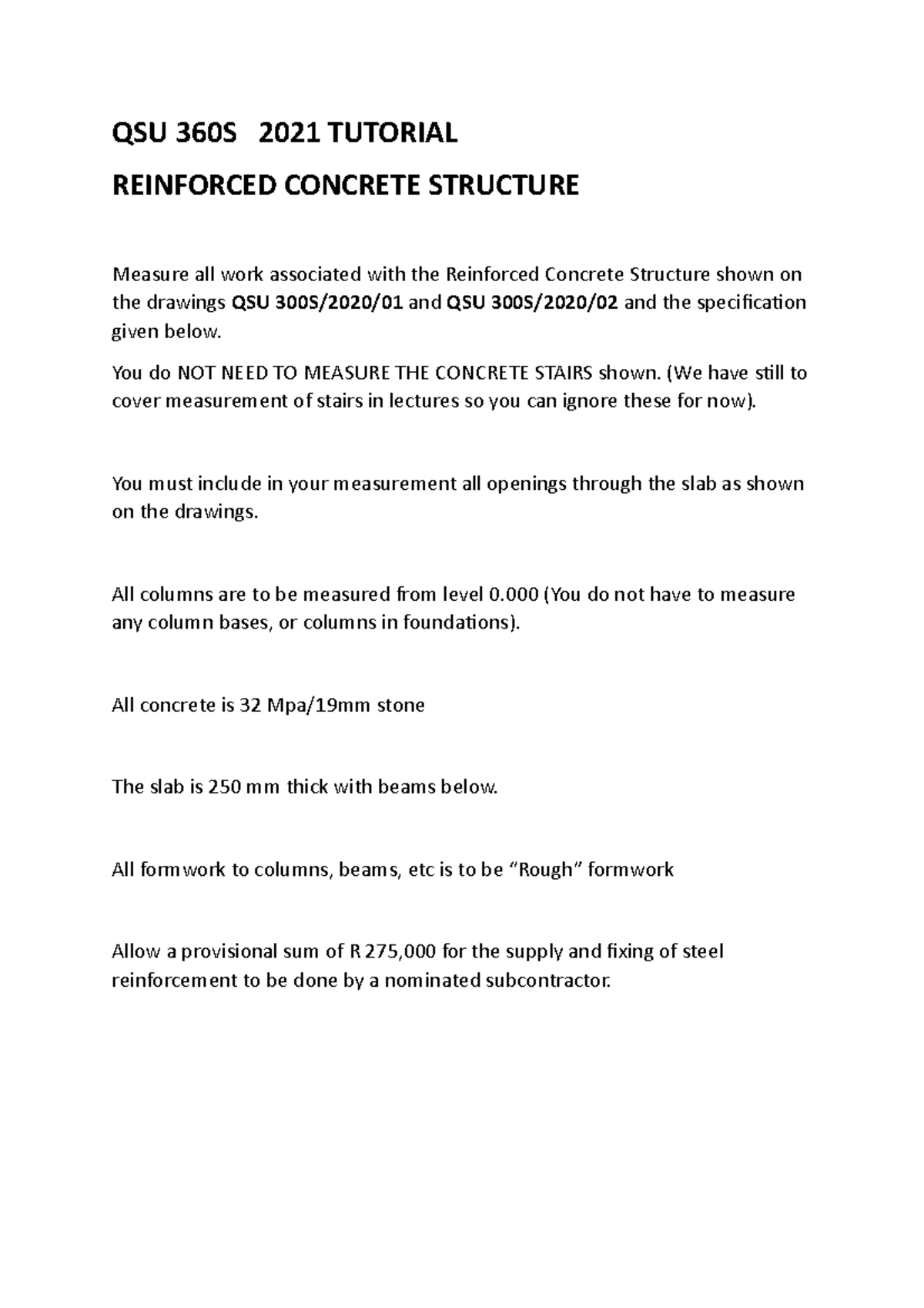 QSU 360S 2021 Tutorial Specification for RC Structure shown on dwgs QSU ...