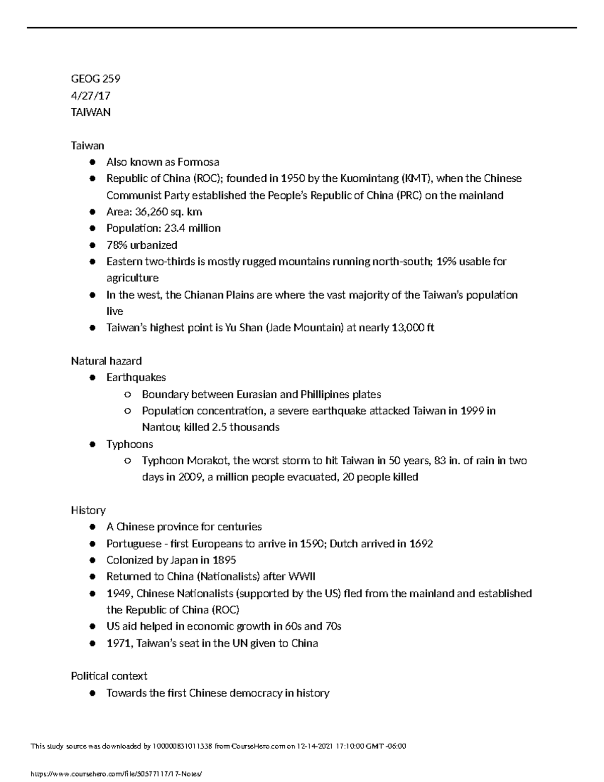 Taiwan Notes - GEOG 259 4/27/ TAIWAN Taiwan Also known as Formosa ...