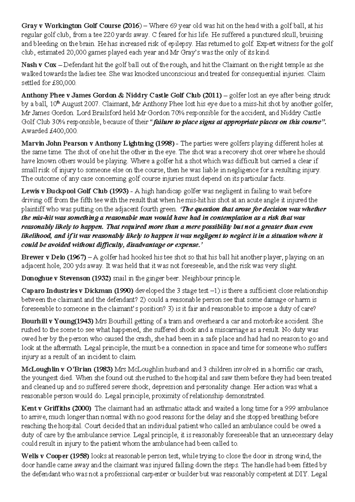 Example Research Notes - Golf scenario - Gray v Workington Golf Course ...