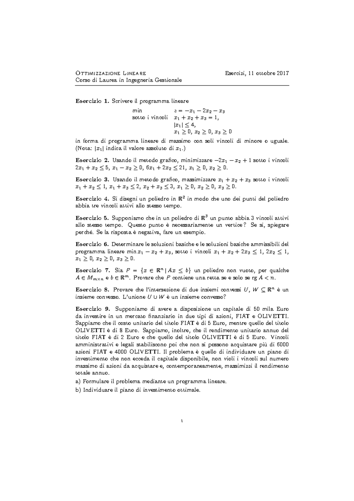 Ese111017 - ESERCIZI - Ottimizzazione Lineare Esercizi, 11 ottobre 2017 ...