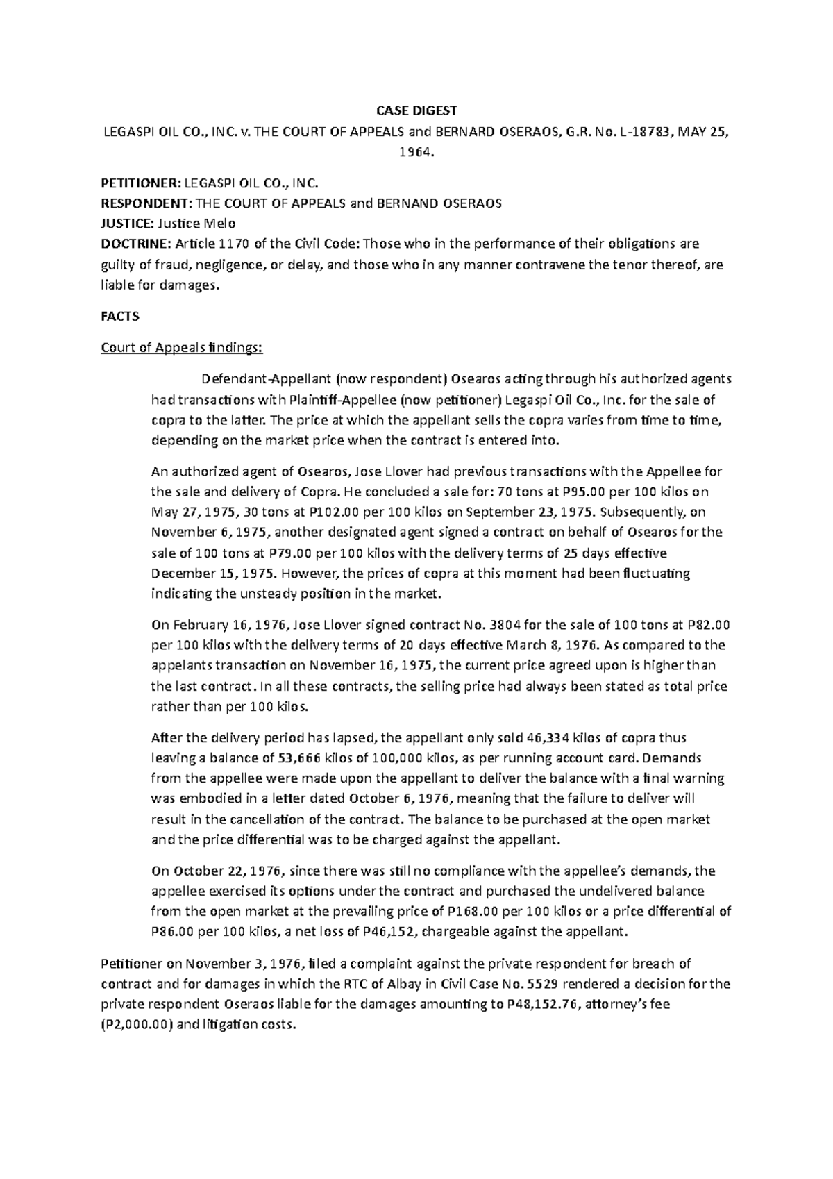 CASE Digest - Legaspi OIL CO., INC v. Osearos AND CA - CASE DIGEST ...