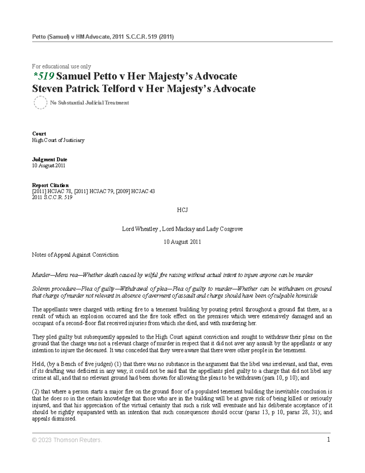 Petto (Samuel) v HM Advocate - For educational use only *519 Samuel ...