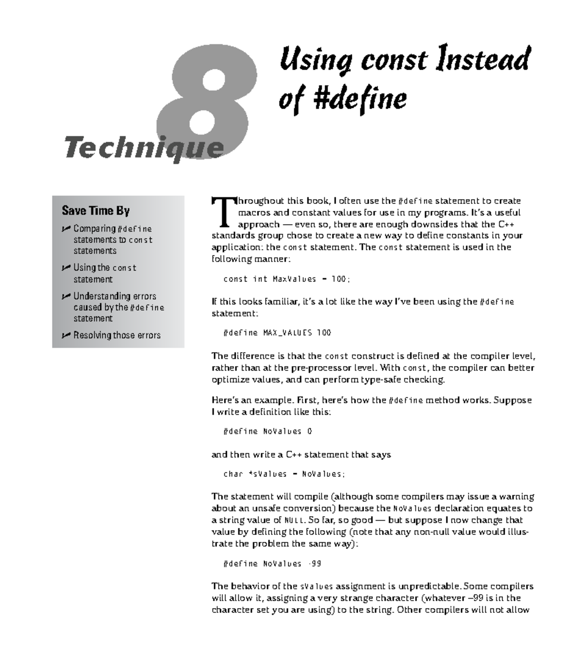 C Timesaving Techniques 8 Using Const Instead Of Define T Hroughout This Book I Often Use