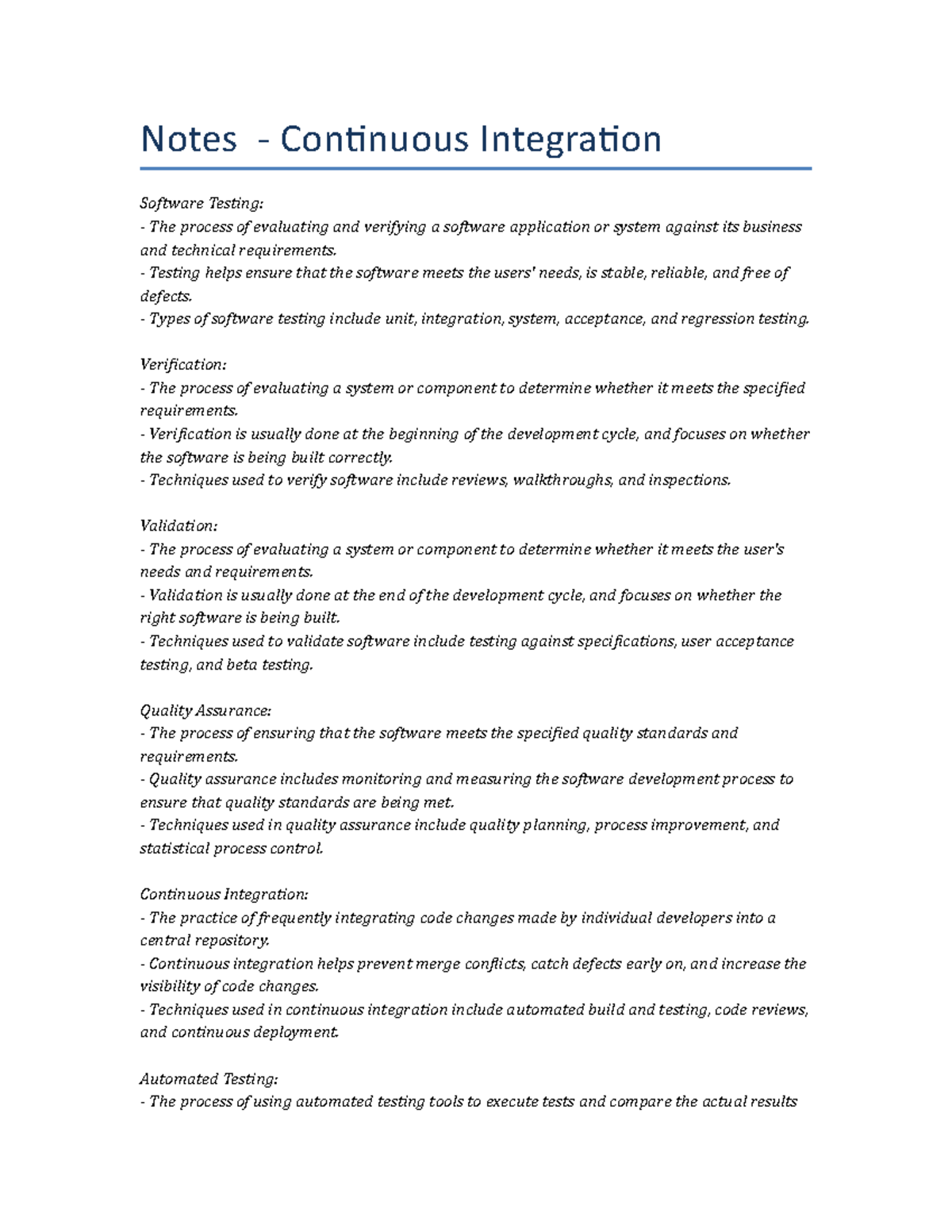 Lecture notes - Continuous Integration - Notes - Continuous Integration ...