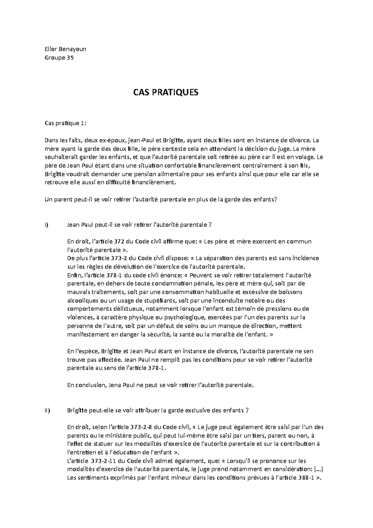 CPRA 3 - Cas pratique - Elior Benayoun Groupe 39 CAS PRATIQUES Cas ...