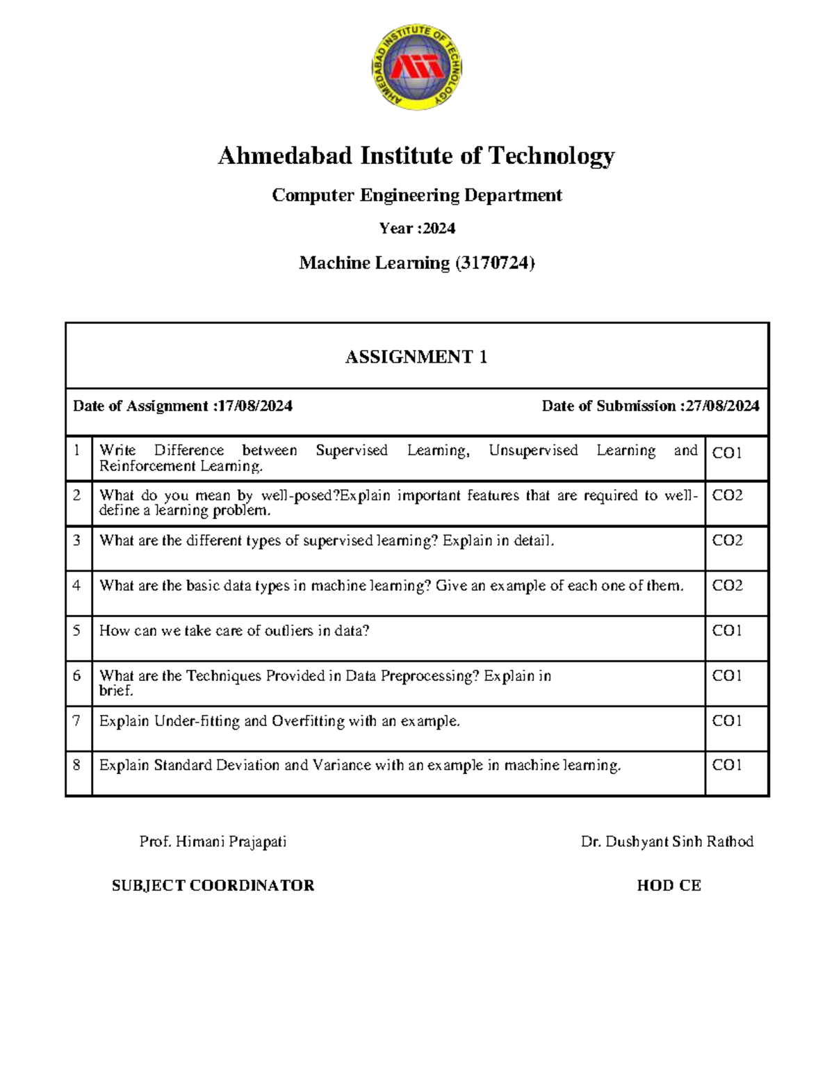 ML assignment 1 - Ahmedabad Institute of Technology Computer Engineering Department Year ...