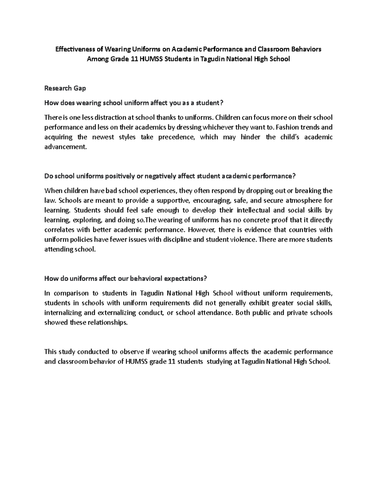 RG - none - Effectiveness of Wearing Uniforms on Academic Performance ...