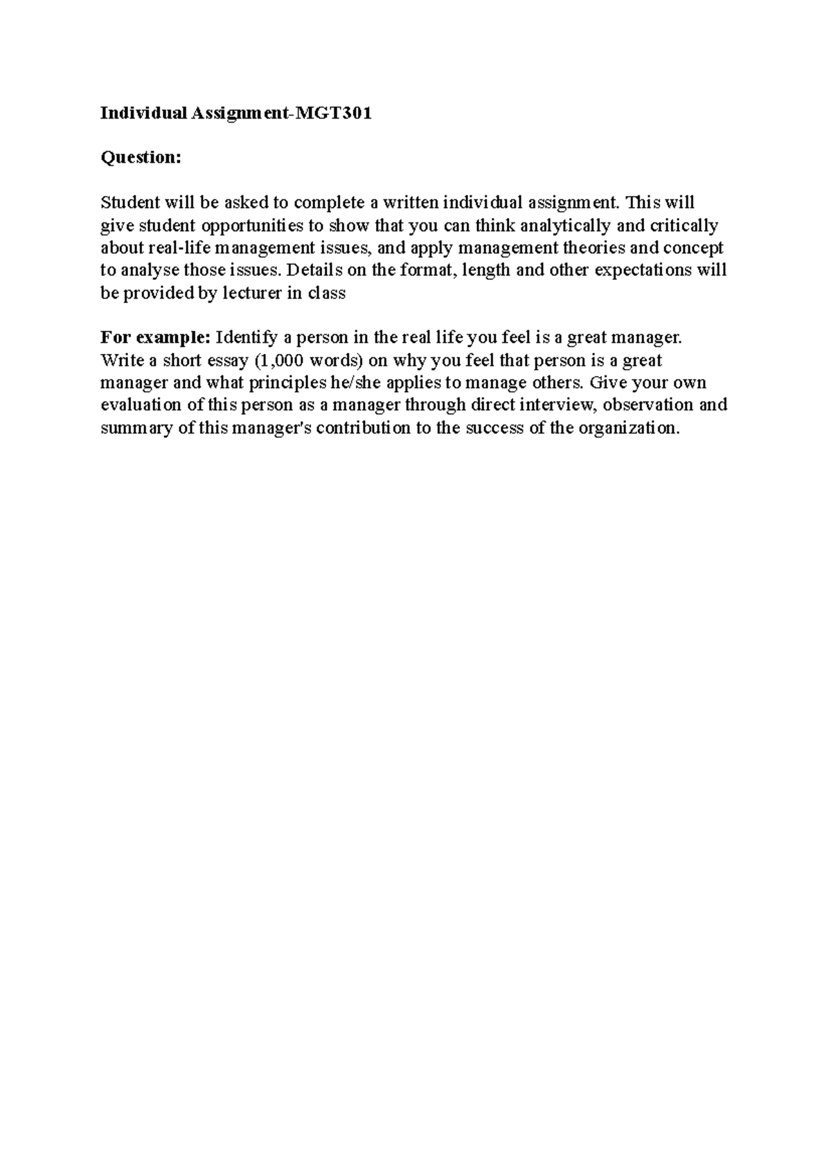 Individual Assignment - This will give student opportunities to show ...