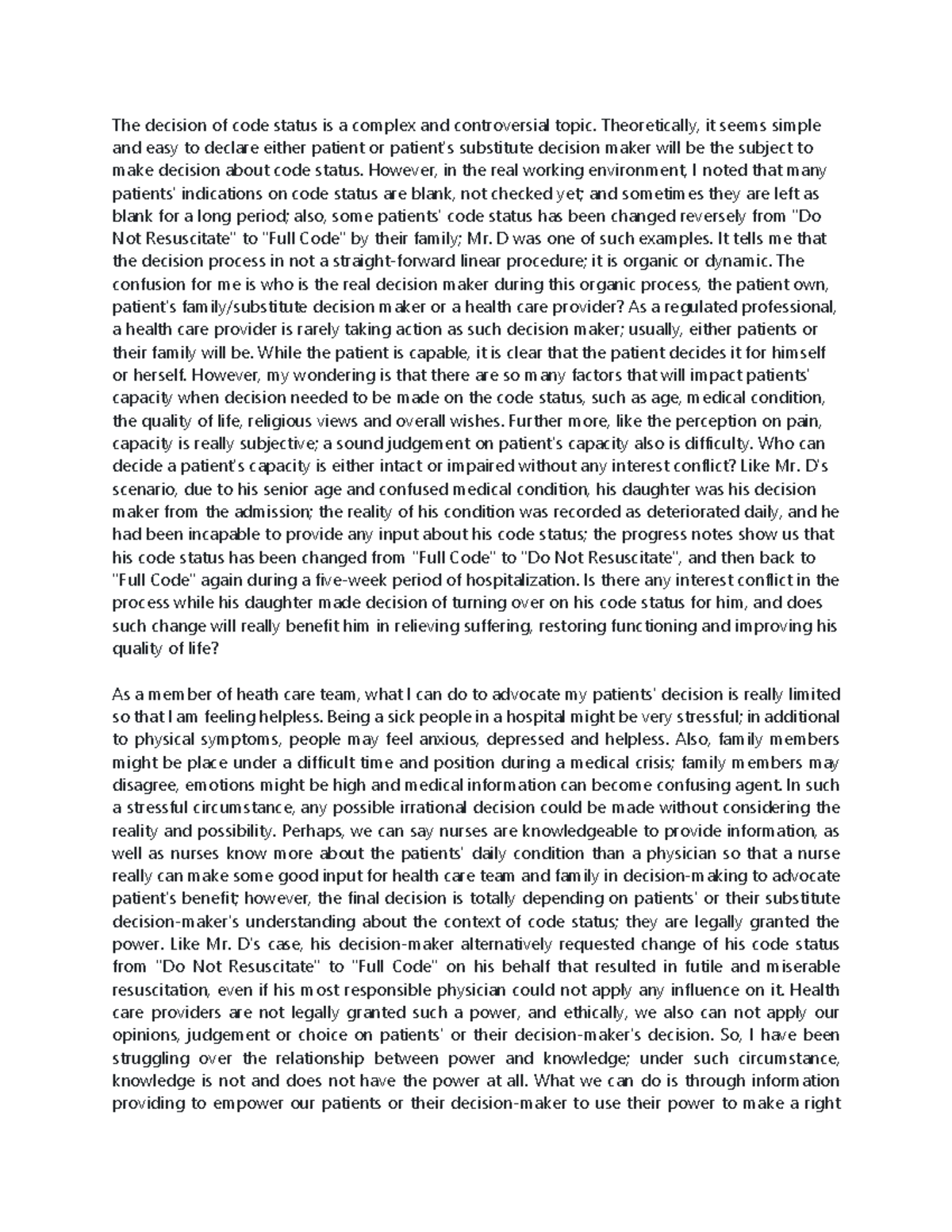 The decision of code status is a complex and controversial topic ...