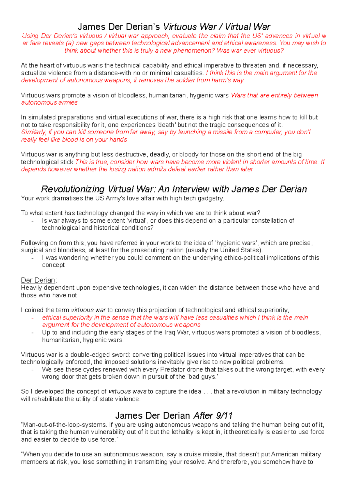 Notes - James Der Derian’s Virtuous War / Virtual War Using Der Derian ...