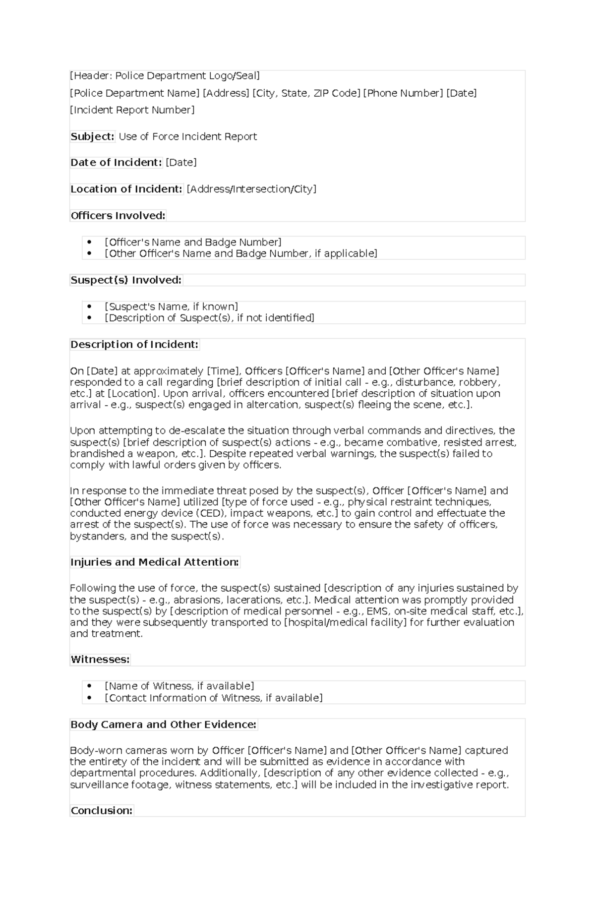 Sample - USE OF Force - Police Report - [Header: Police Department Logo ...