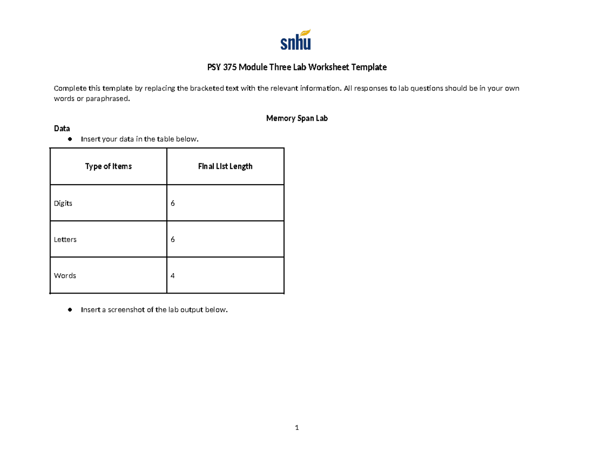 PSY 375 Module Three Lab Worksheet Template - PSY 375 Module Three Lab ...