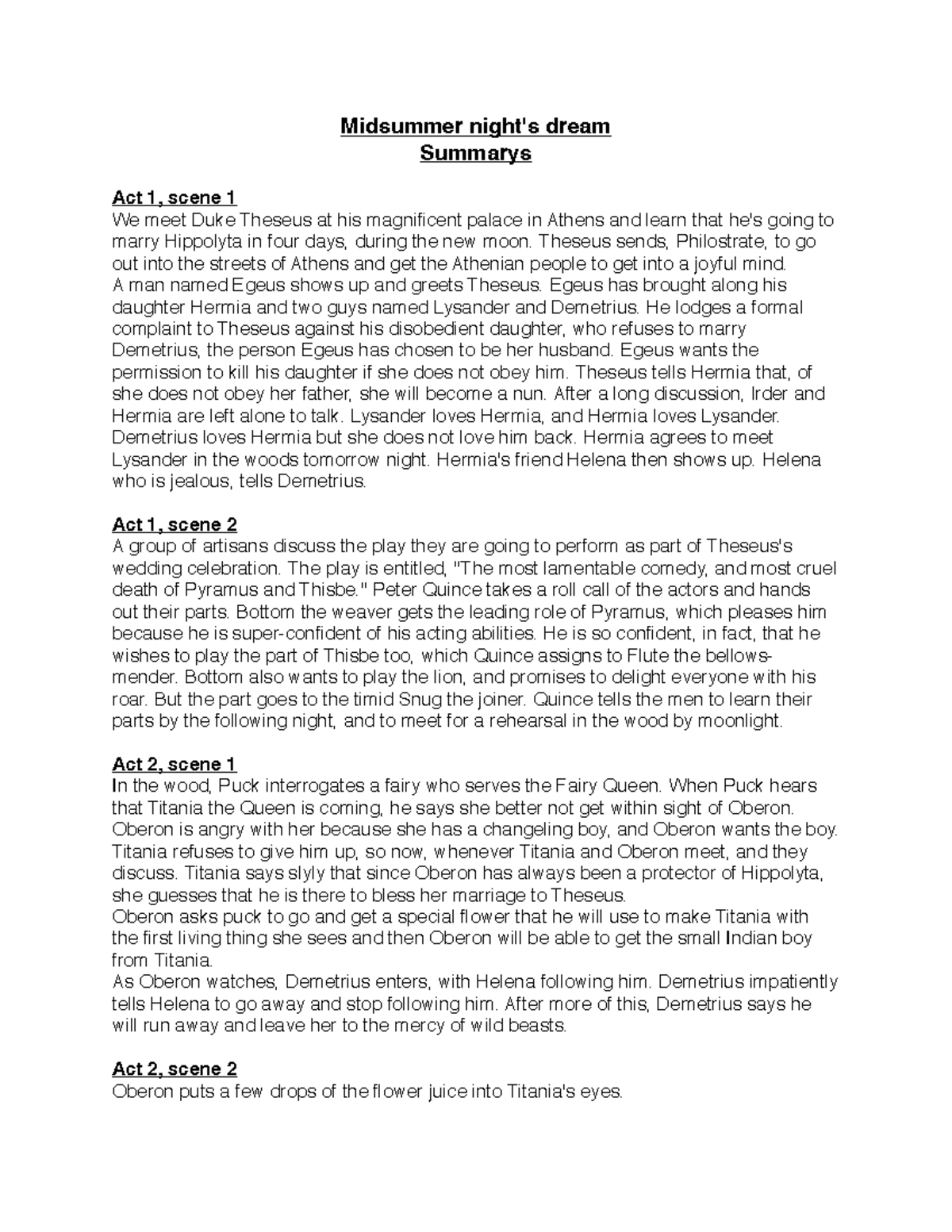 Summarys MND - Lecture notes semestre 2 - Midsummer night's dream ...