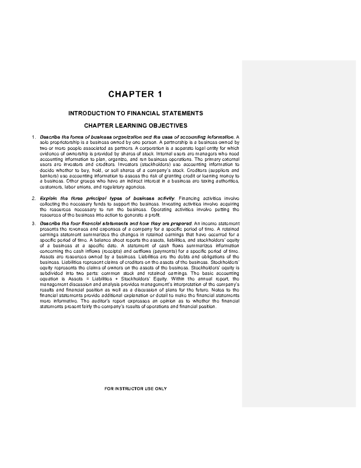 Ch01 - test bank - CHAPTER 1 INTRODUCTION TO FINANCIAL STATEMENTS ...