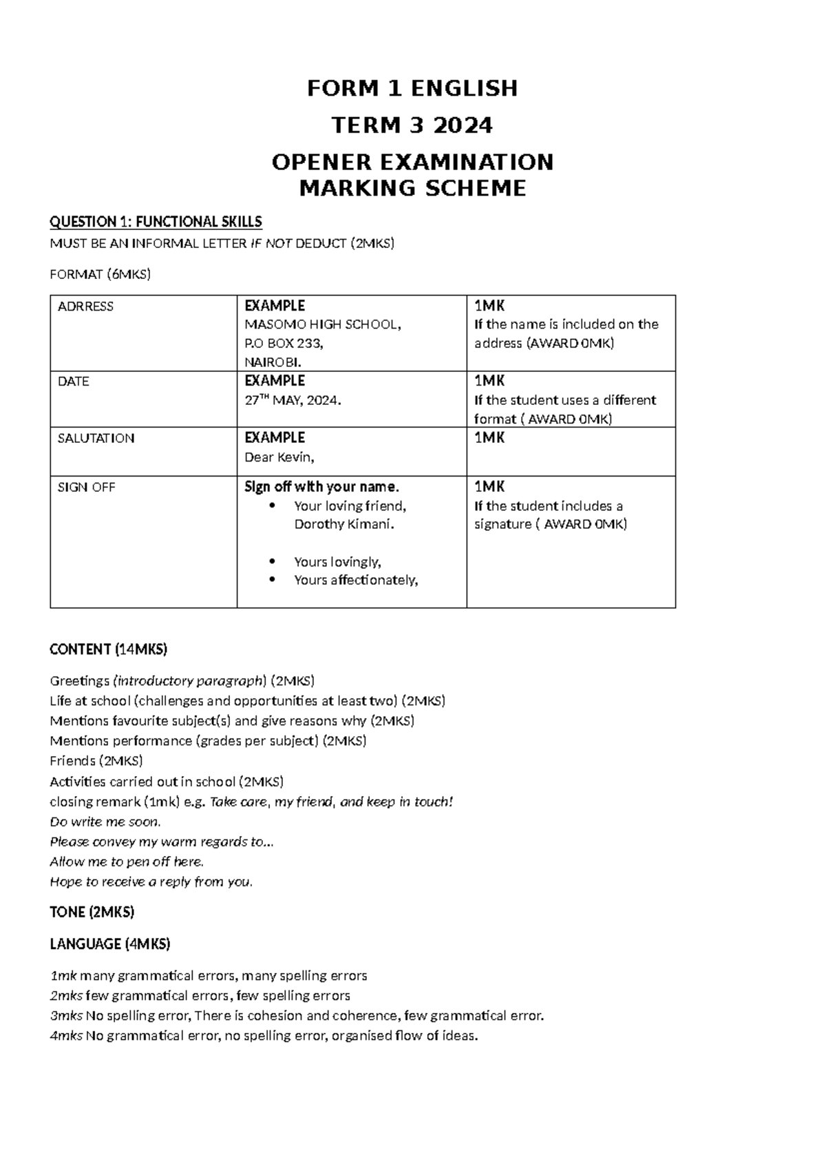 English F1 MS - FORM 1 ENGLISH TERM 3 2024 OPENER EXAMINATION MARKING ...