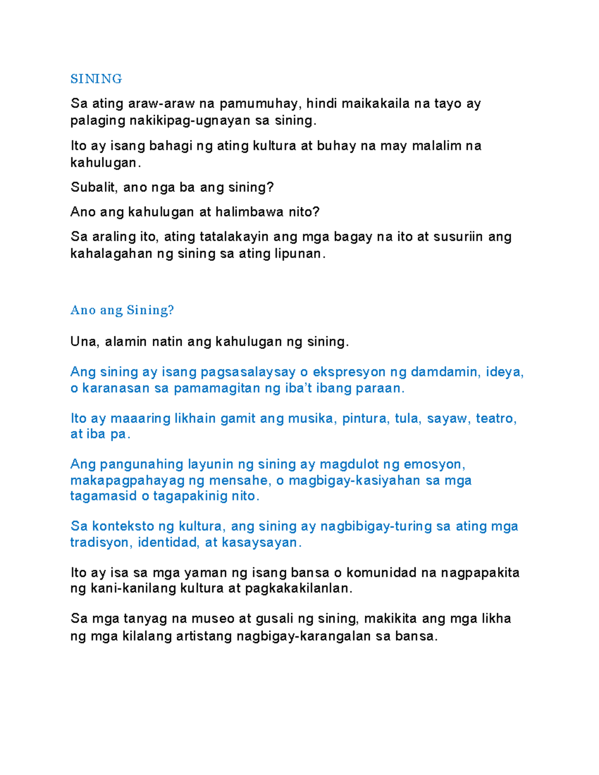 Hindi material na uri ng kultura - SINING Sa ating araw-araw na ...