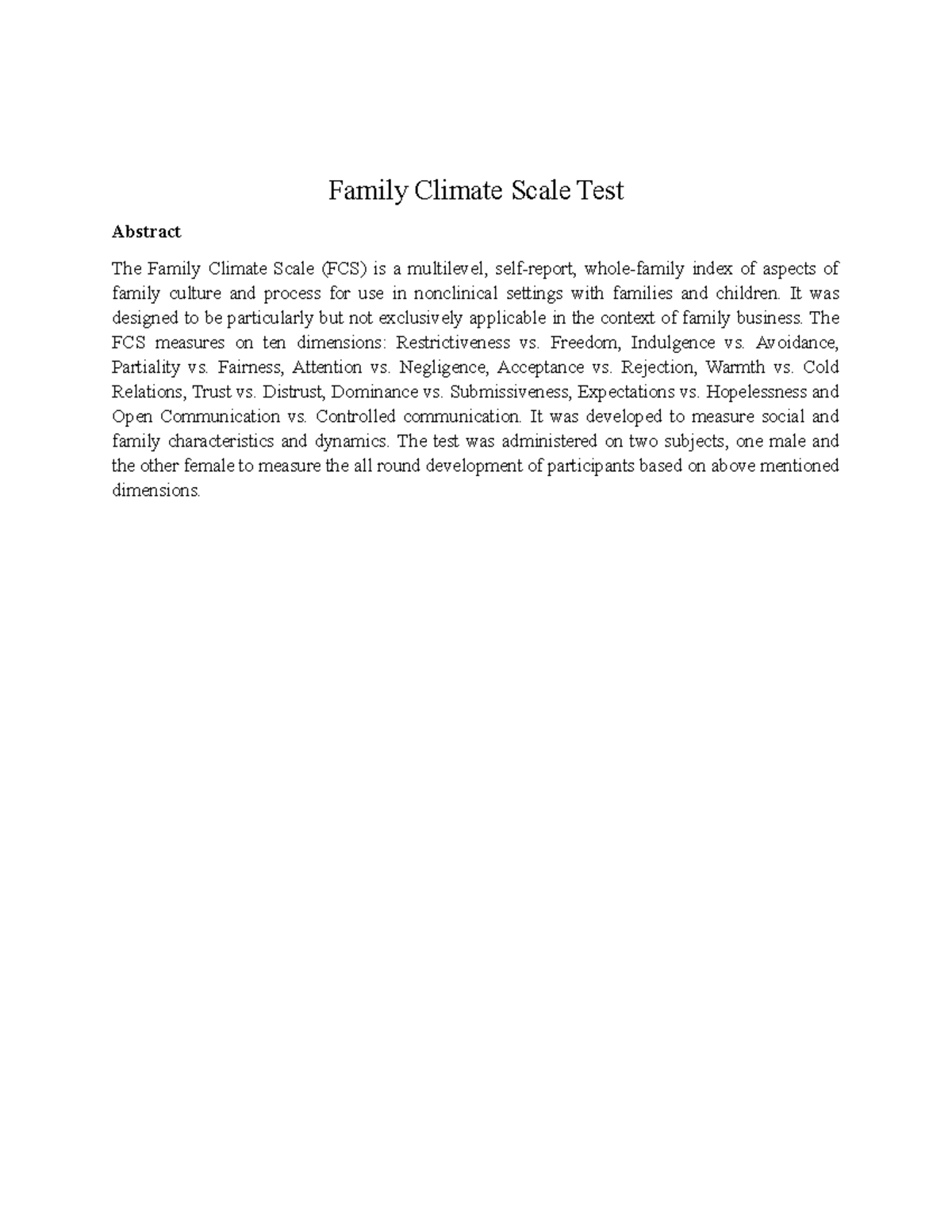 FCS test - Saphal - Family Climate scale practical - Family Climate ...