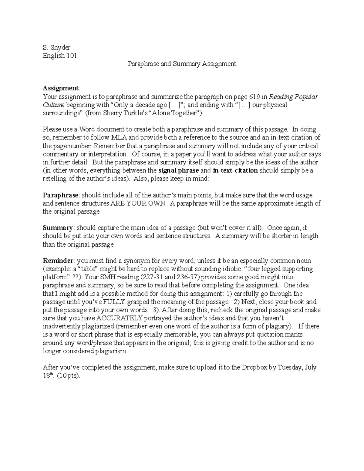 Paraphrase+and+summary+assignment+ - S. Snyder English 101 Paraphrase ...