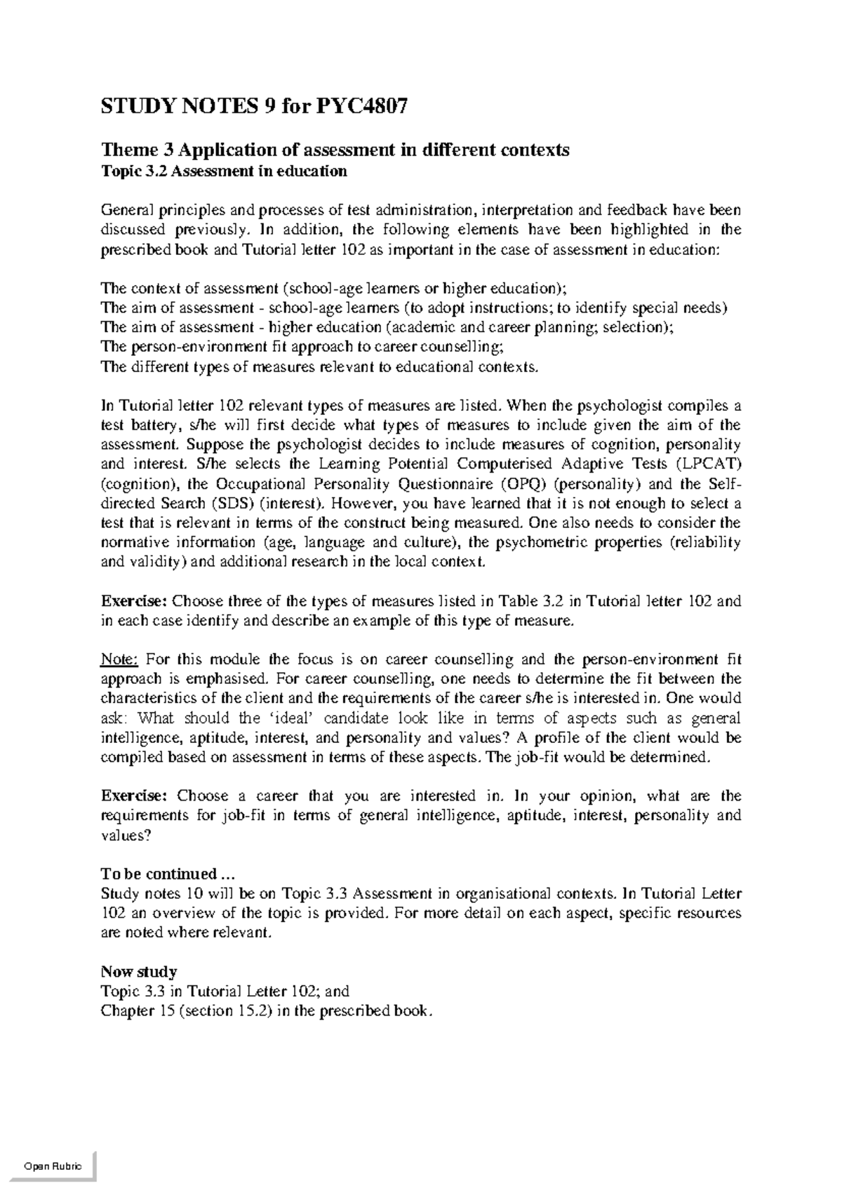 Study Notes 9 for PYC4807 - STUDY NOTES 9 for PYC Theme 3 Application ...