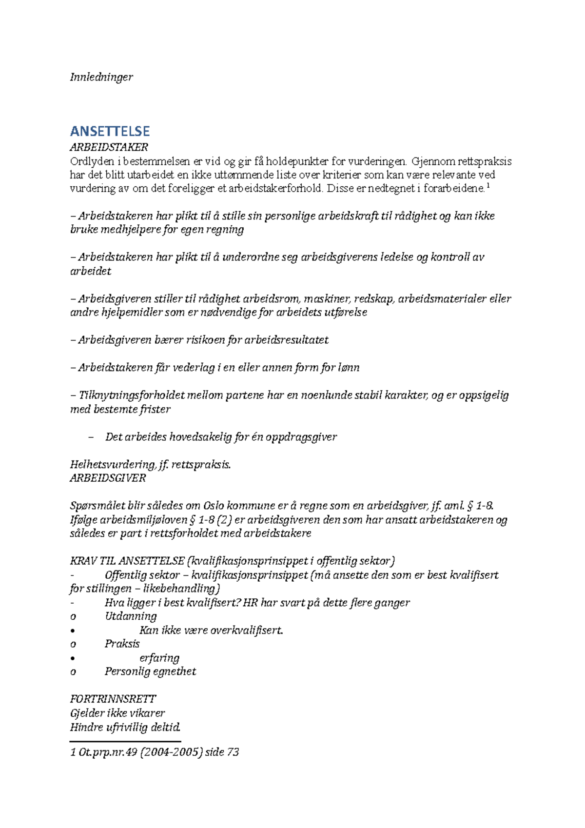 Eksamensrettet sammendrag - Innledninger ANSETTELSE ARBEIDSTAKER ...