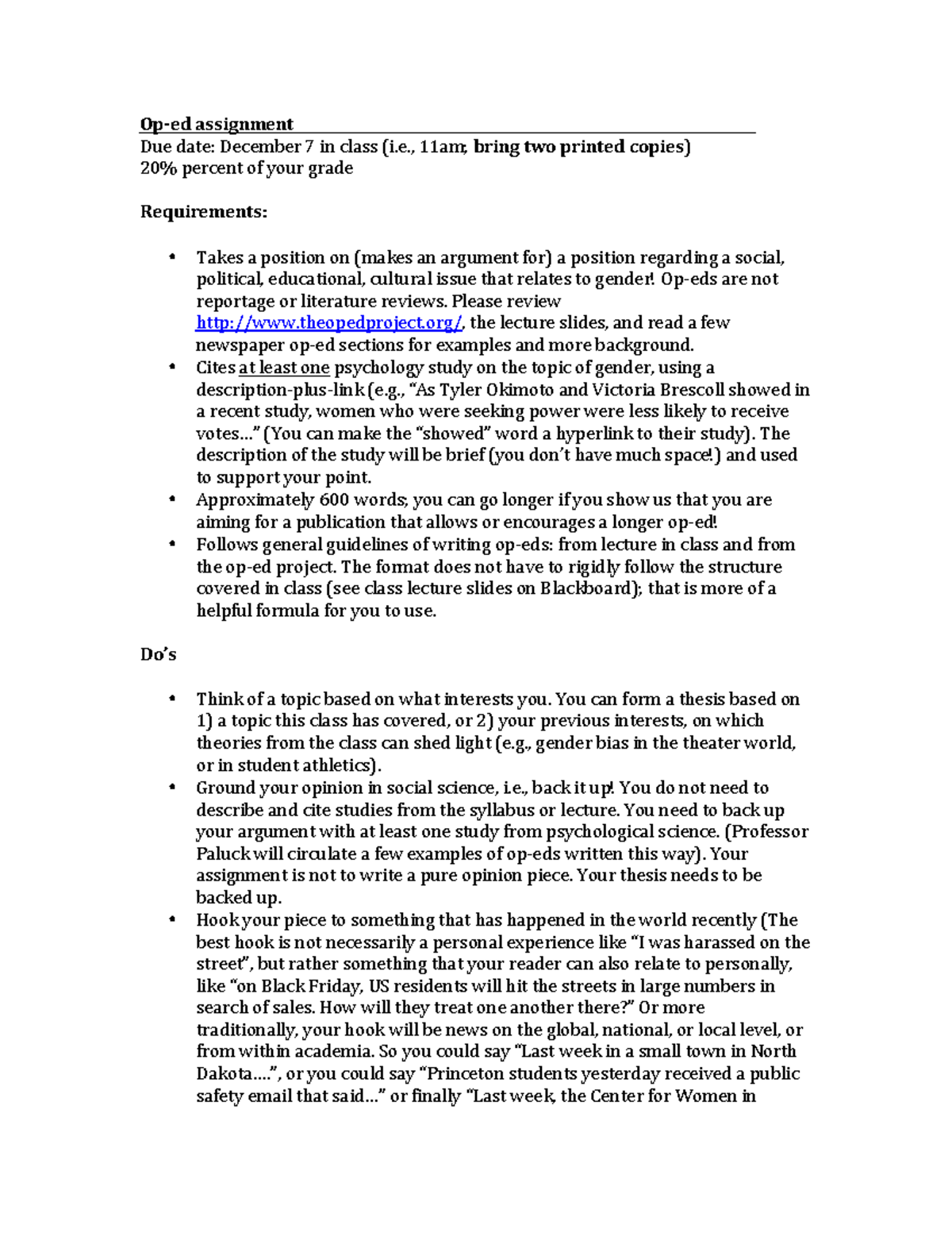 Oped+assignment - Op-ed assignment Due date: December 7 in class (i ...