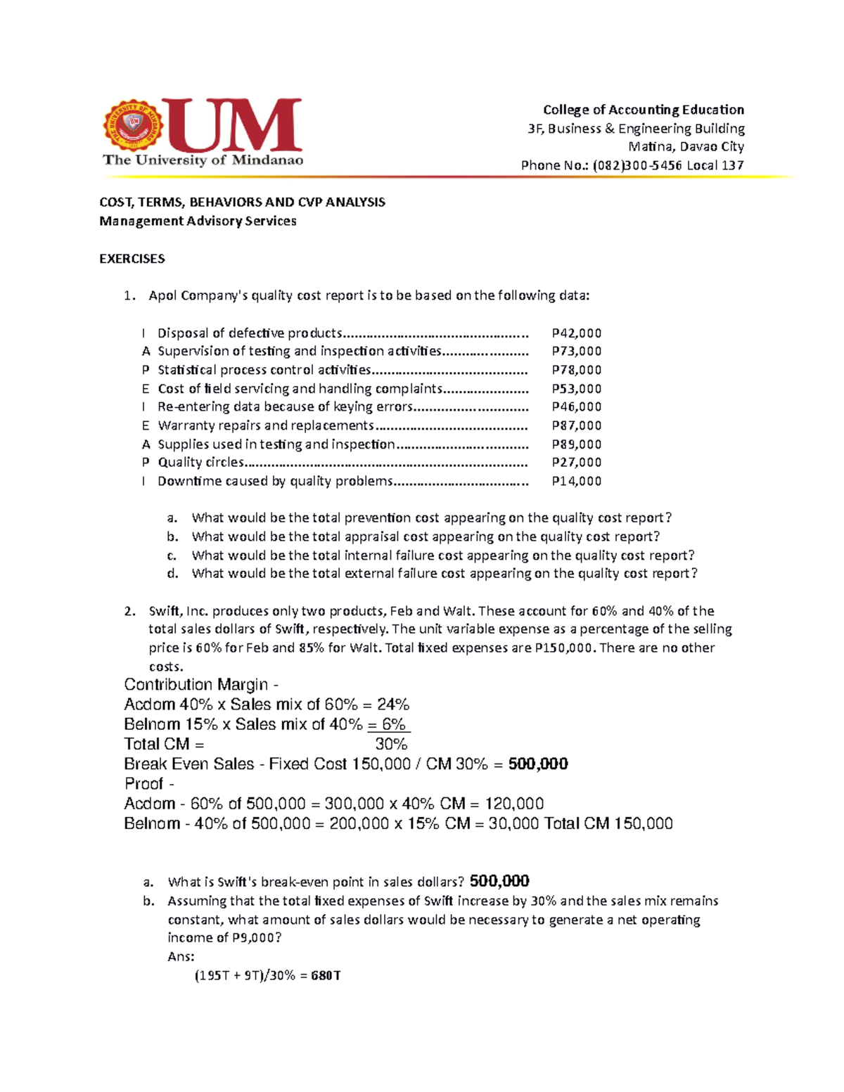MAS 1 Exercises For Upload - College of Accounting Education 3F ...