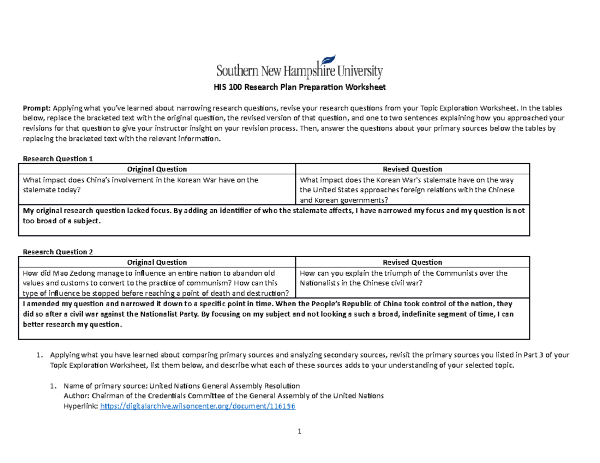 4-1 Research Plan Preparation Worksheet - HIS 100 Research Plan ...