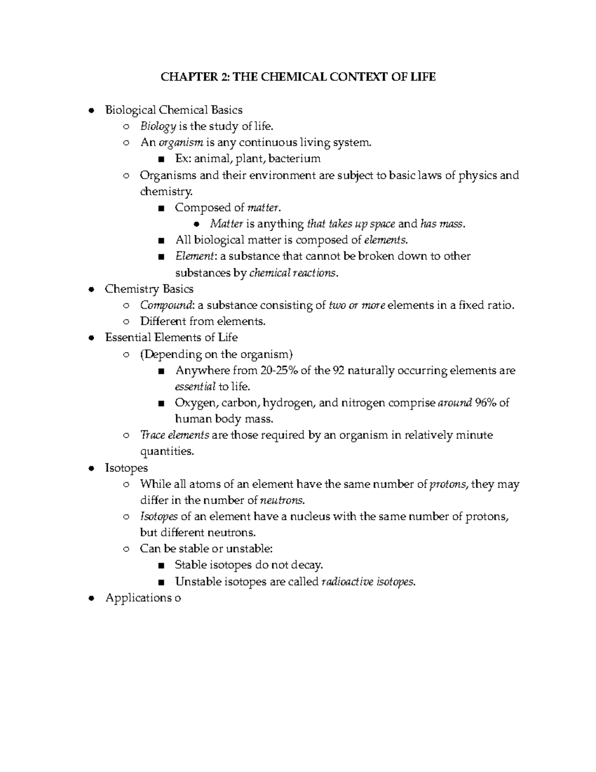 Biology 114 Notes - CHAPTER 2: THE CHEMICAL CONTEXT OF LIFE Biological ...