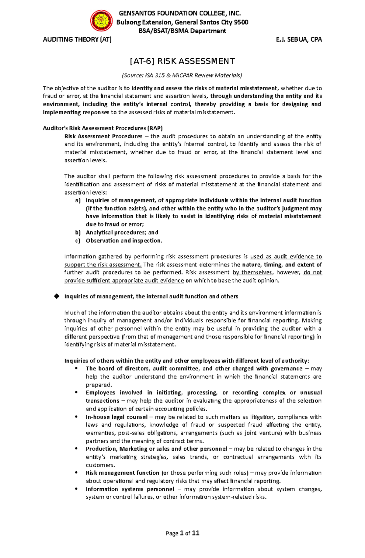 AT 6 Risk Assessment - Copy - GENSANTOS FOUNDATION COLLEGE, INC ...