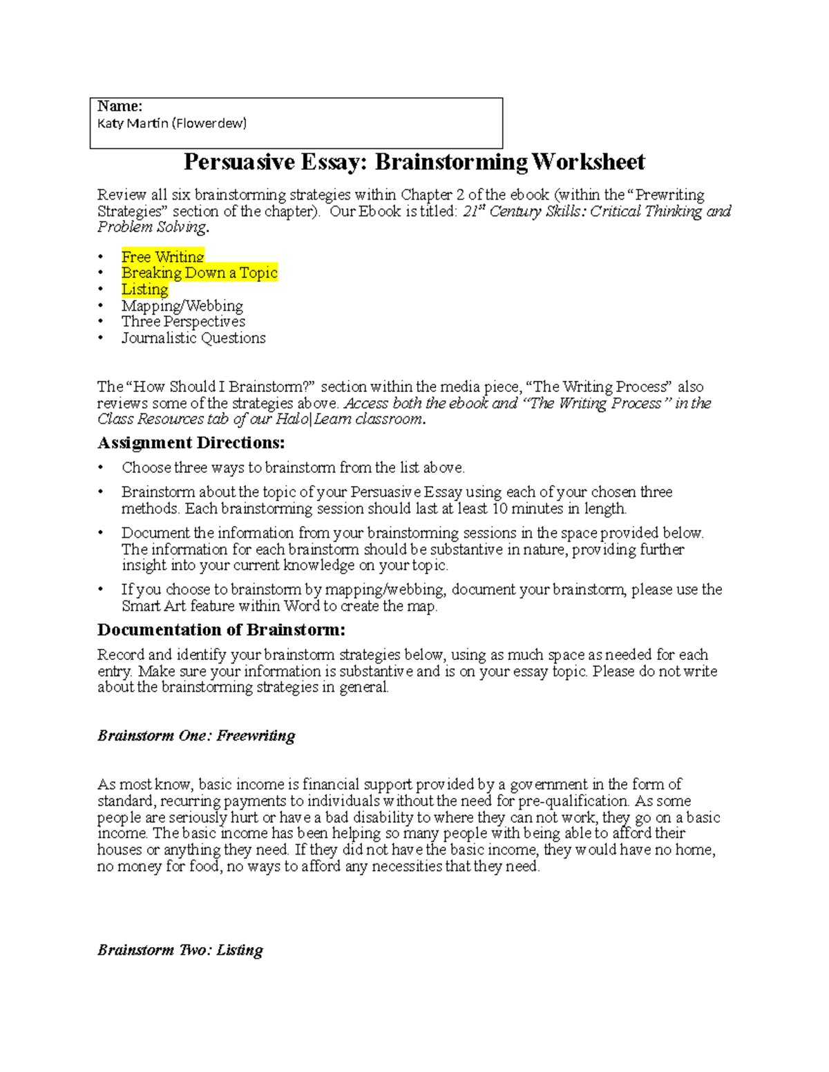PHI105 T2 Brainstorming Worksheet 4 13 2023 - Name: Katy Martin ...