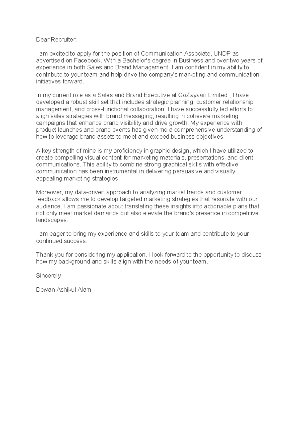 Cover Letter - Dear Recruiter, I am excited to apply for the position ...