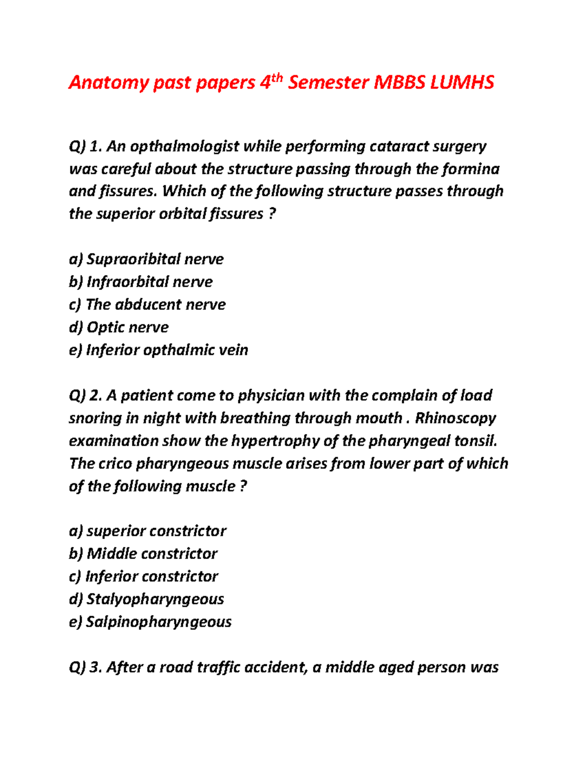 2nd year Anatomy past papers for Nursing students - anatomy - Studocu