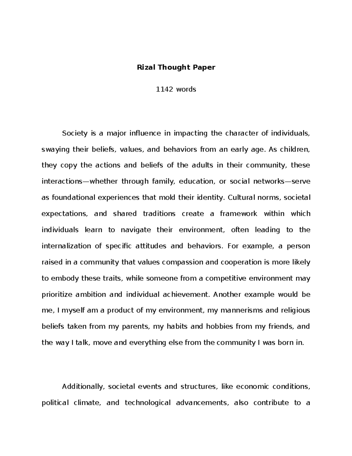 RZL Thought paper - eaaefaefe - Rizal Thought Paper 1142 words Society ...