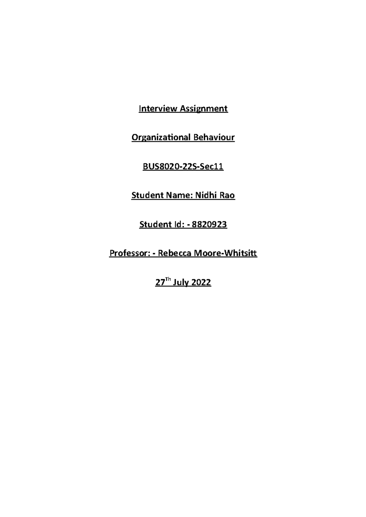 Interview Assignment - Interview Assignment Organizational Behaviour BUS8020-22S-Sec Student ...