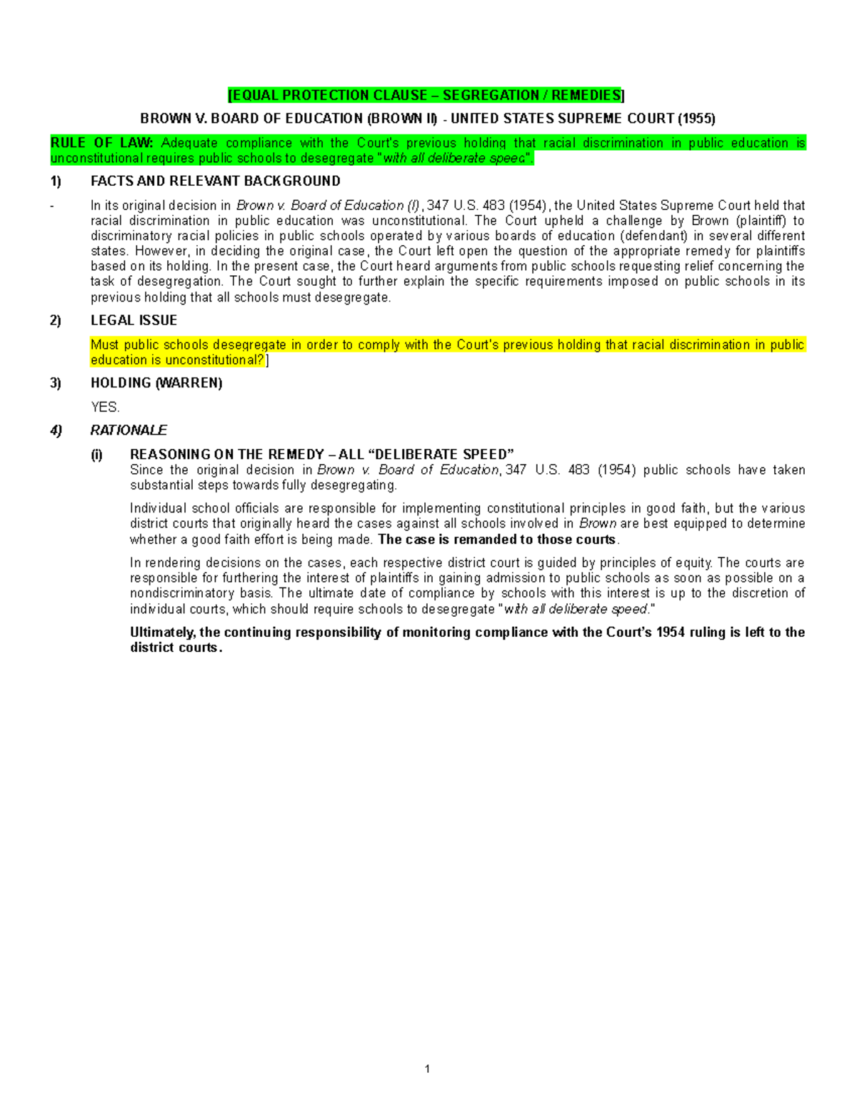 Case brief Brown II (remedy) - (ConLaw - case brief and class notes ...
