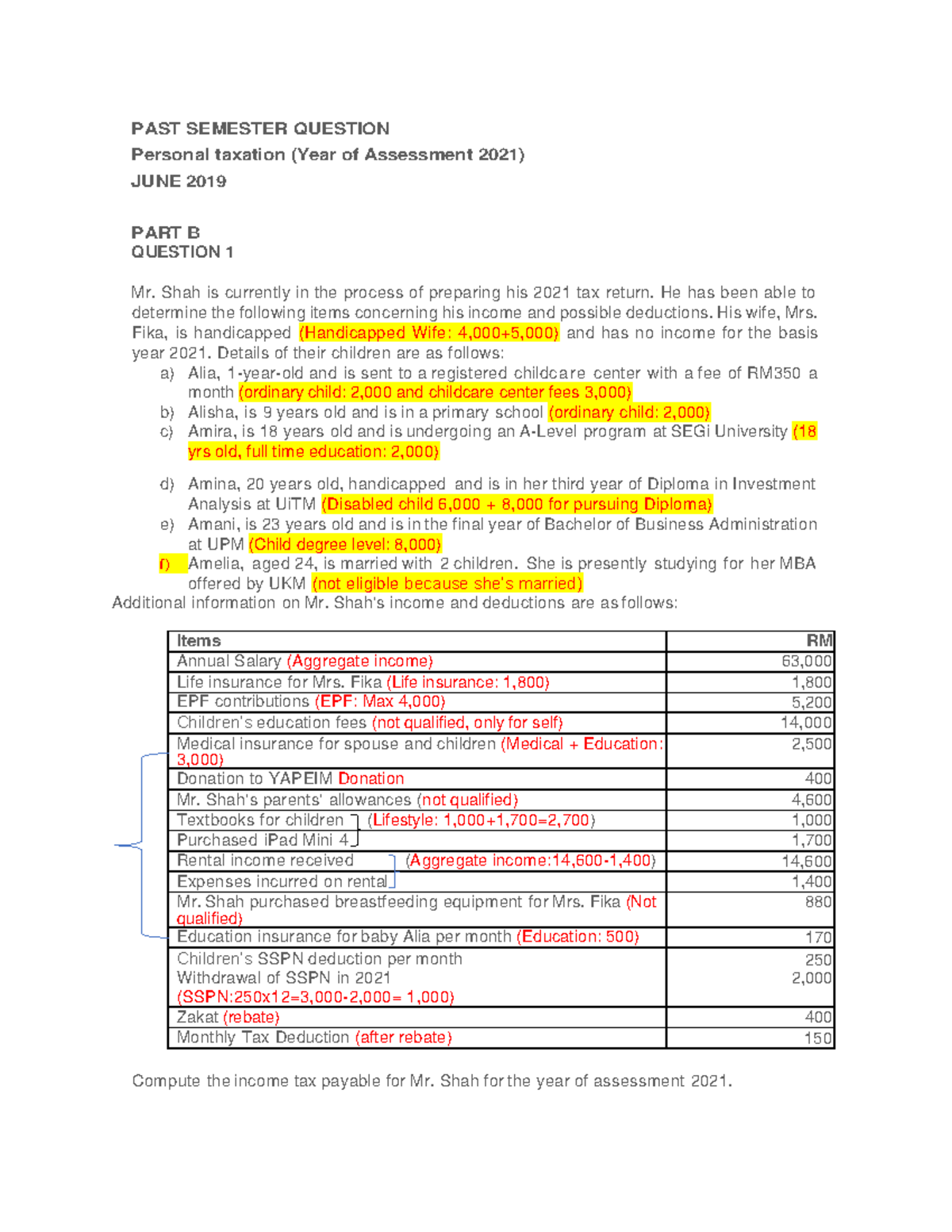PYQ JUNE 2019 Taxation MIRA Fizah YA 2021 - PAST SEMESTER QUESTION ...