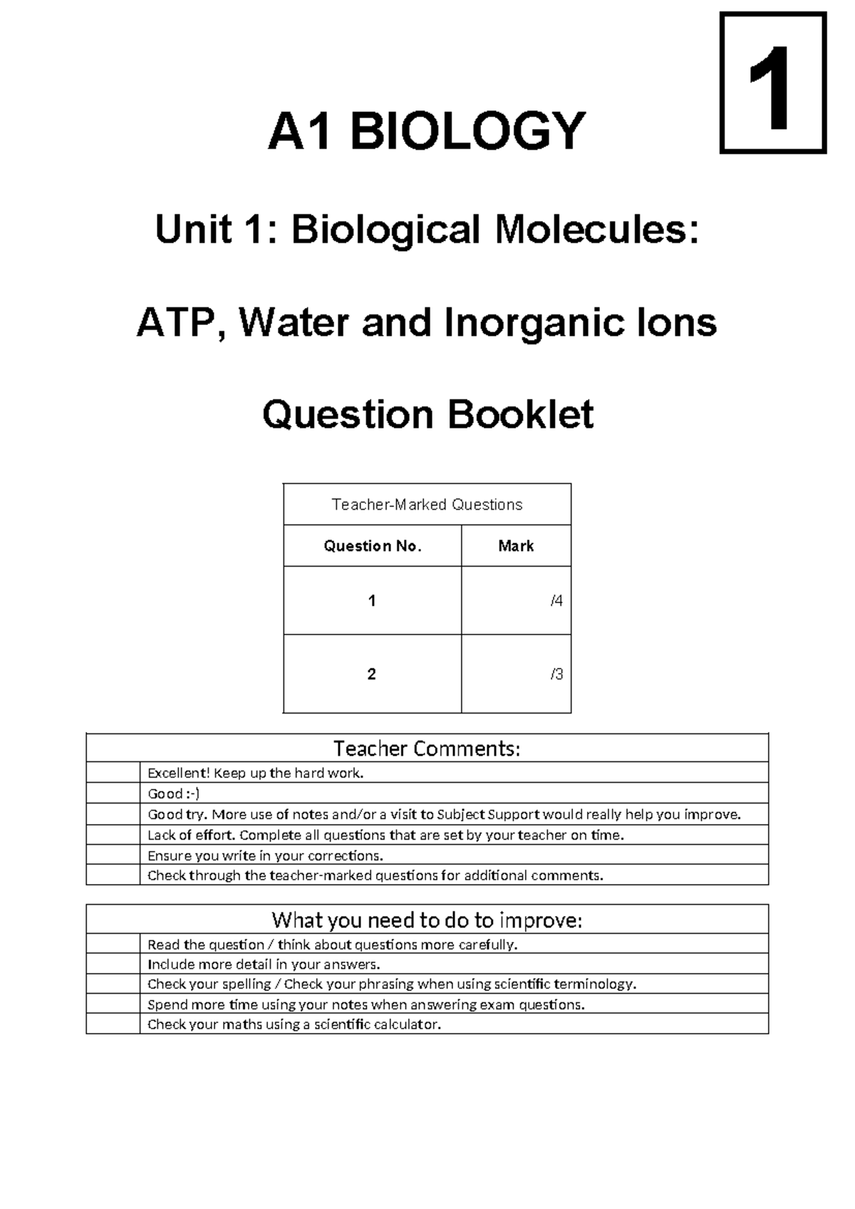 Question Booklet 4. ATP Water and Inorganic Ions - A1 BIOLOGY Unit 1 ...