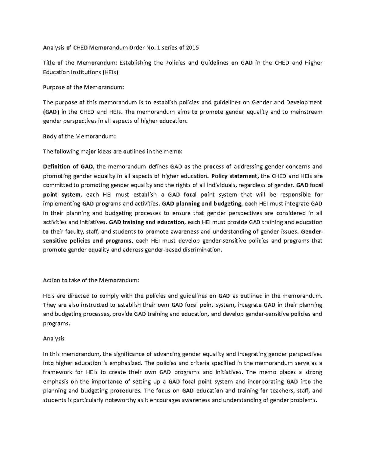 Analysis of CHED Memorandum Order No 1 series of 2015 - Analysis of ...