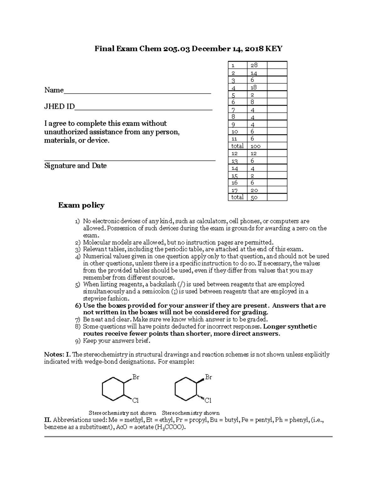 Final Exam 2018 key - Falzone Fall 2022 - Final Exam Chem 205 December ...