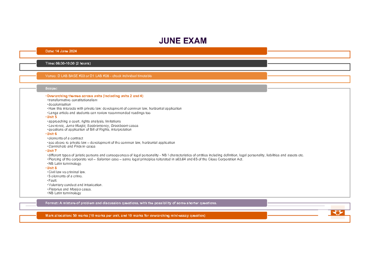 June exam scope - 21 JUNE EXAM Date: 14 June 2024 Time: 08:30-10:30 (2 ...