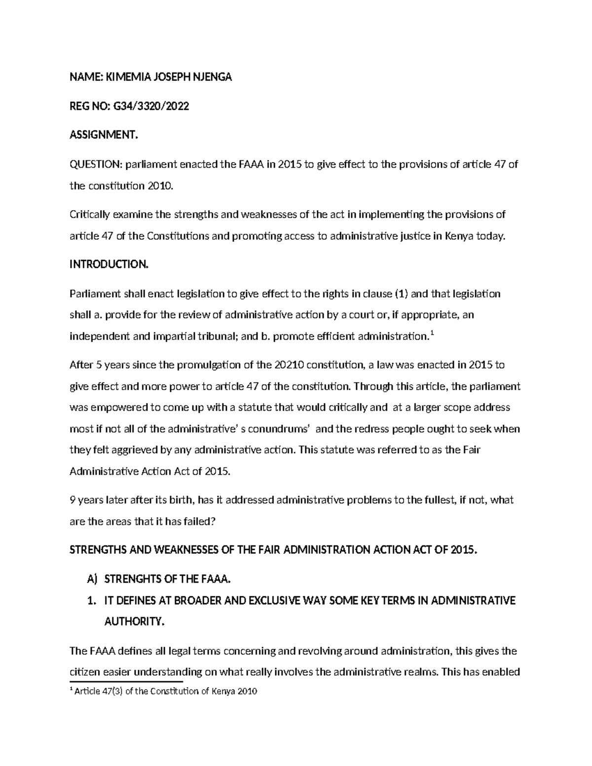Admin LAW Assignment - NAME: KIMEMIA JOSEPH NJENGA REG NO: G34/3320 ...