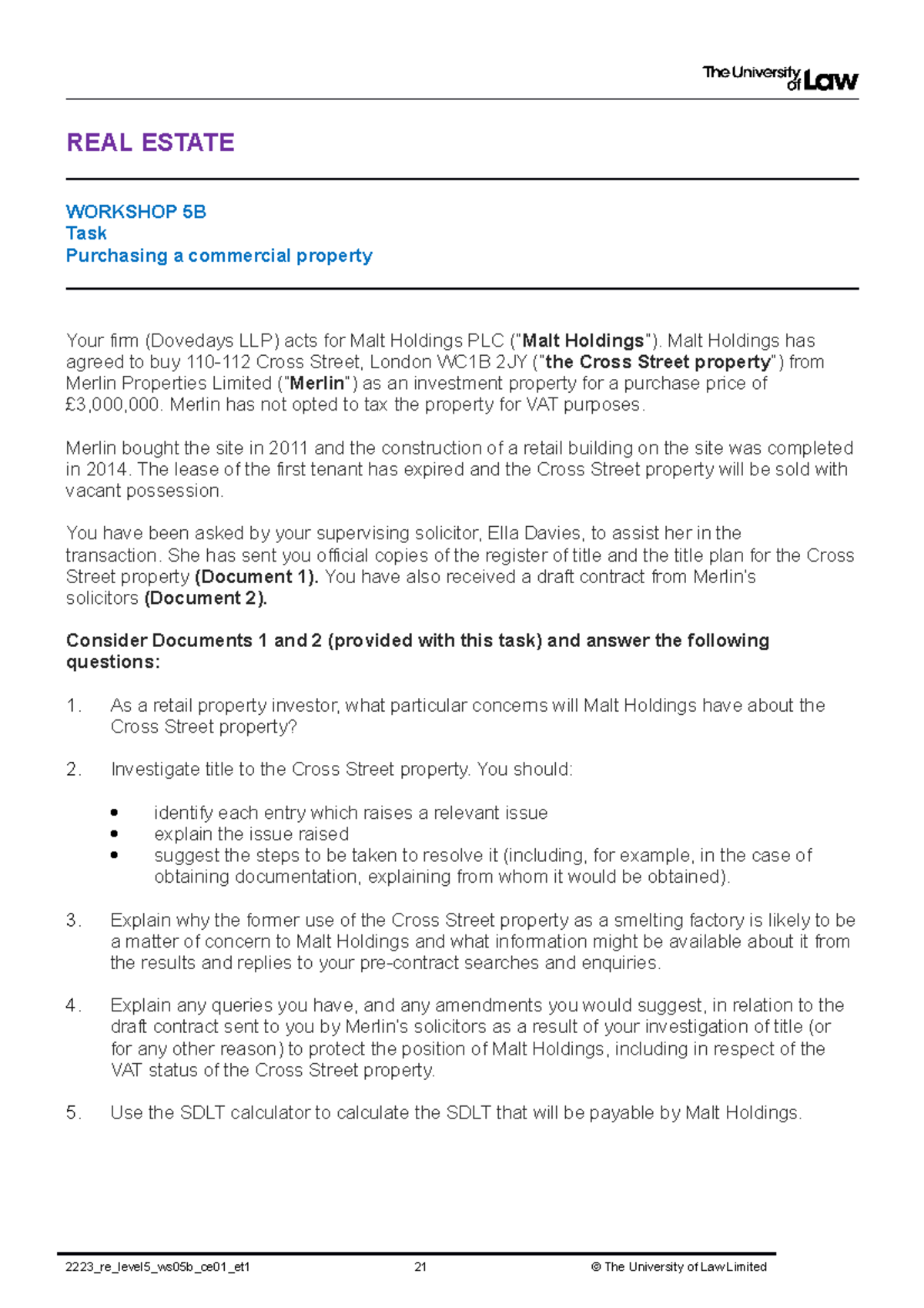 2223 re level 5 u05b ce01 et1 - REAL ESTATE WORKSHOP 5B Task Purchasing ...