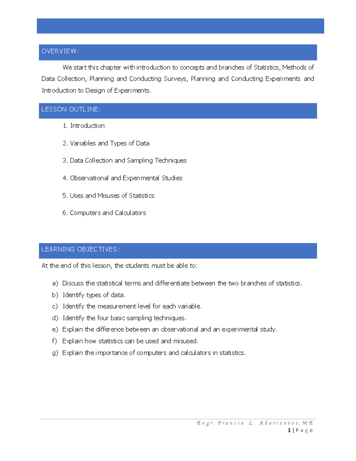 Engineering Data Analysis- Overview - Warning: TT: undefined function: 32 Engr L. Abarientos,ME ...