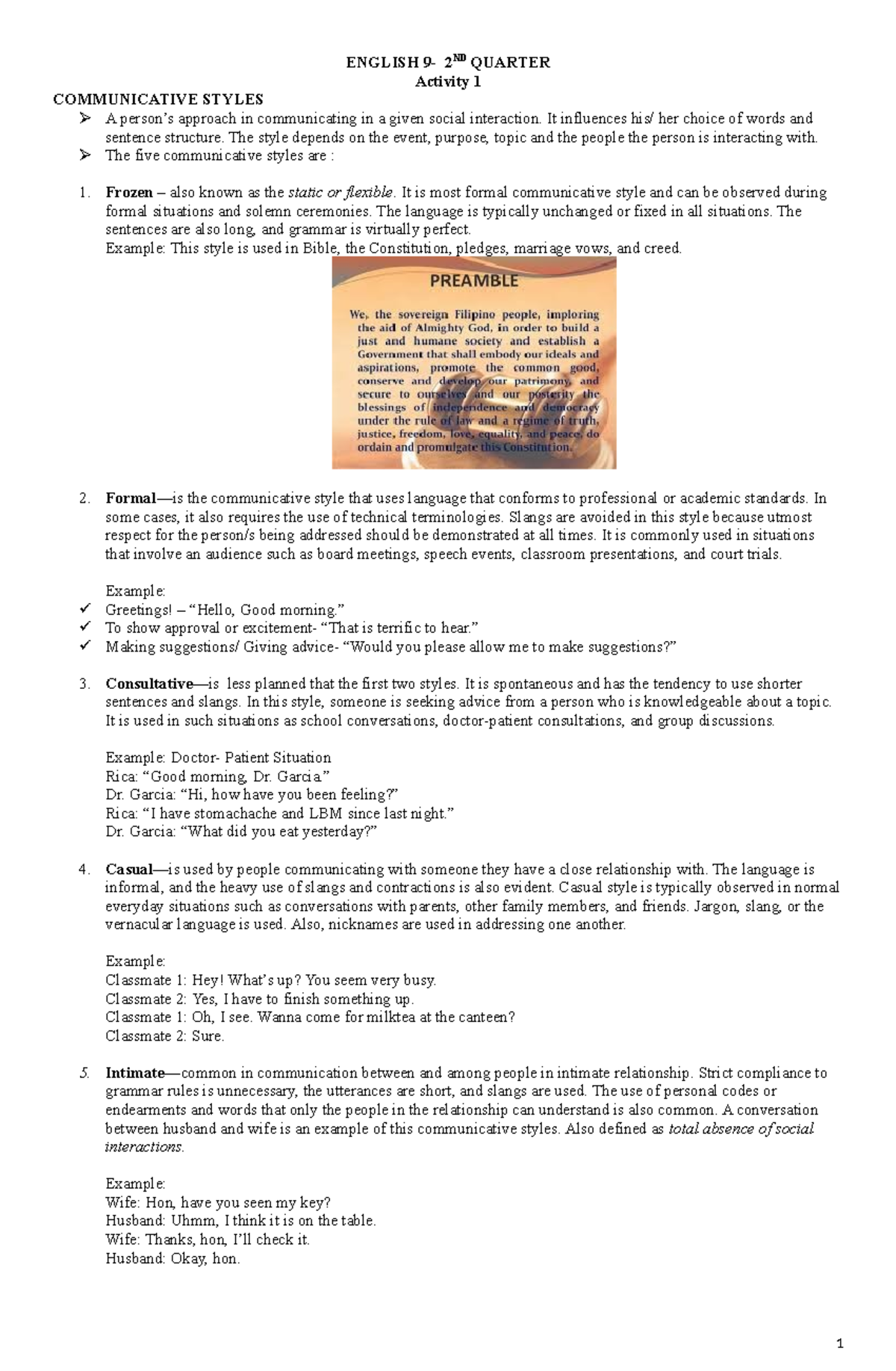Communicative Styles - English 9 - ENGLISH 9- 2ND QUARTER Activity 1 ...