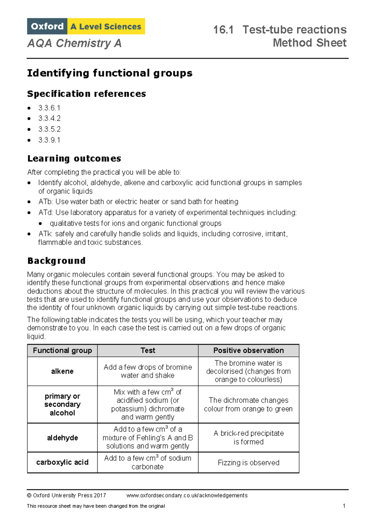 L1 identify functional groups TASK - 16 Test-tube reactions AQA ...