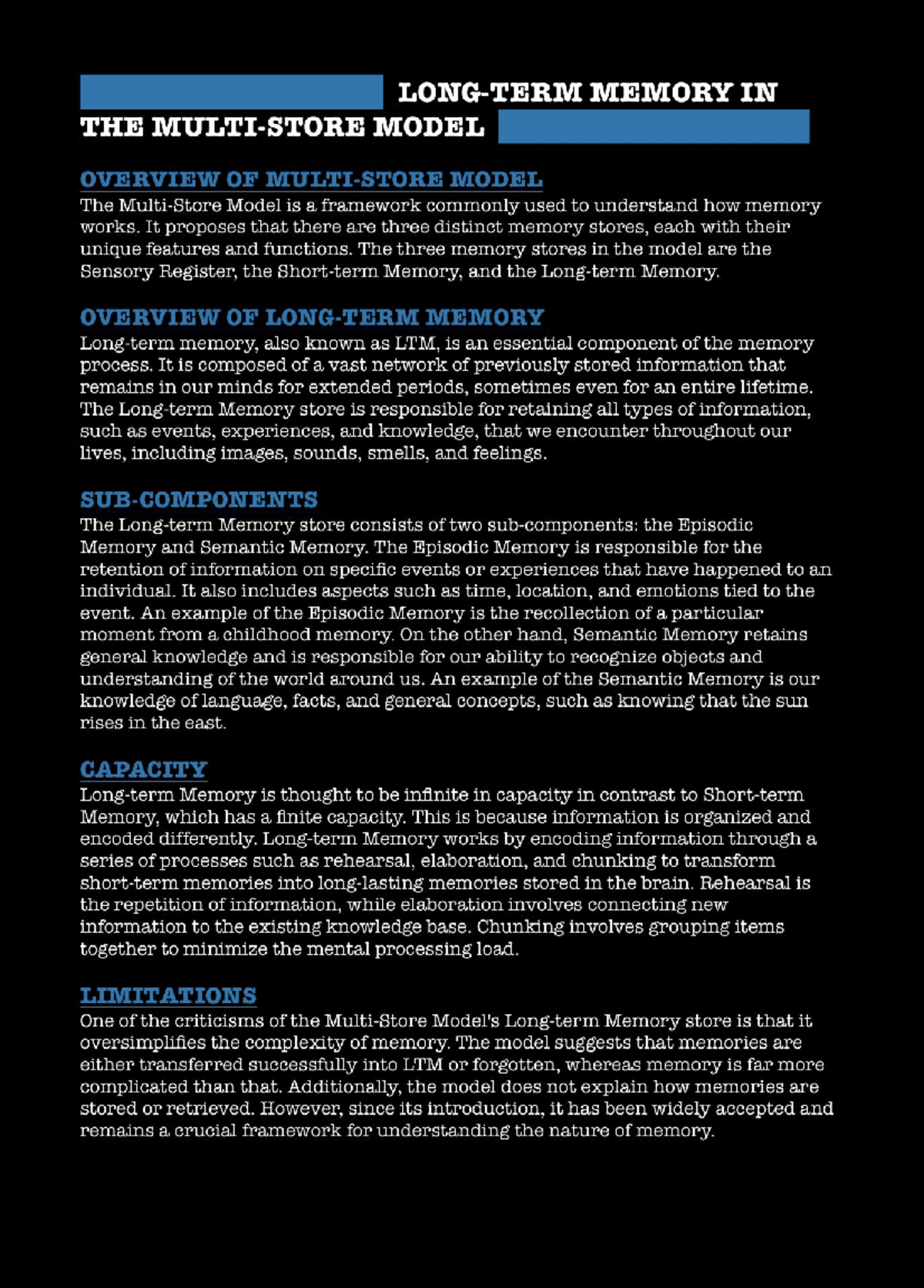 Summary: Long-Term Memory in the Multi-Store Model - 8638 - Studocu