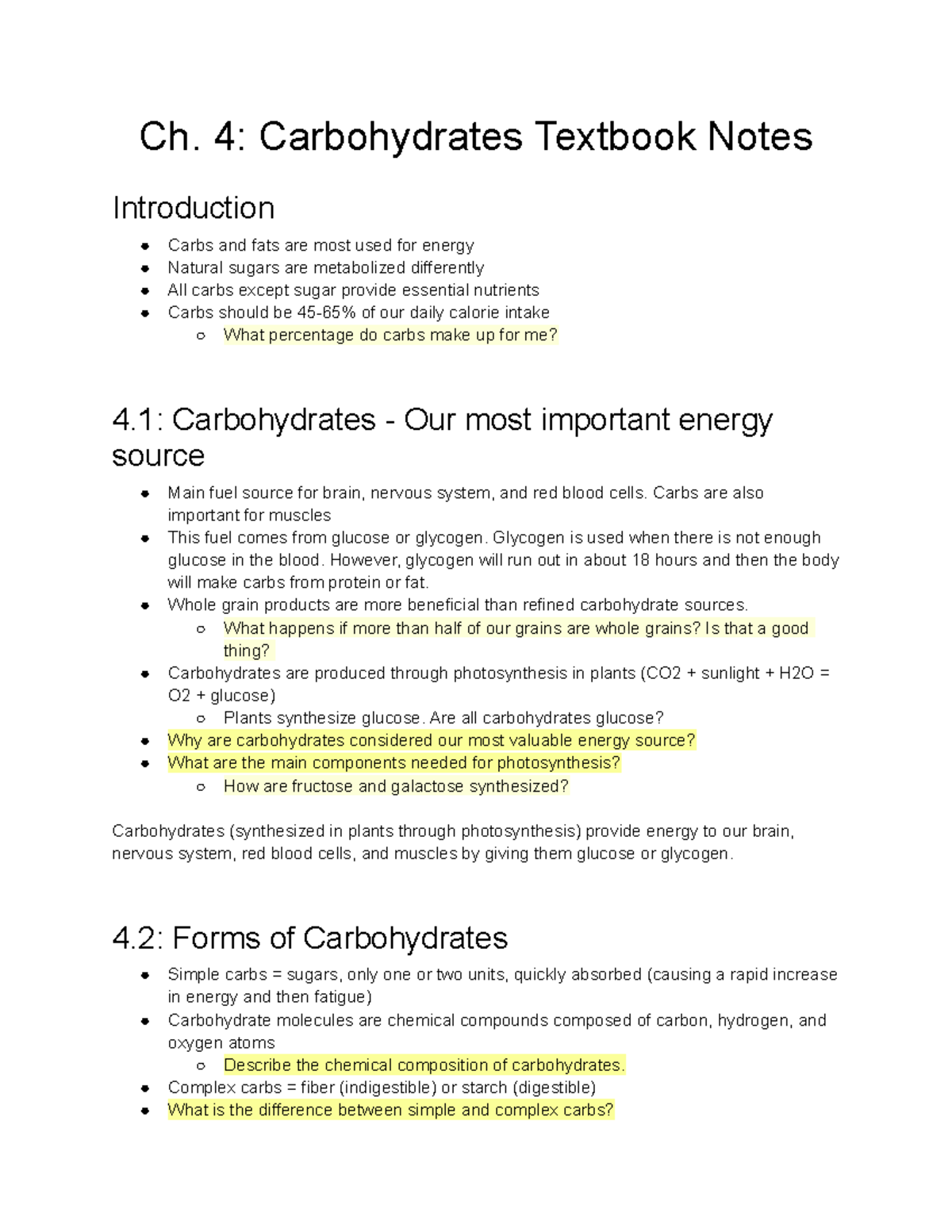 Ch. 4 Carbohydrates Textbook Notes - Ch. 4: Carbohydrates Textbook ...